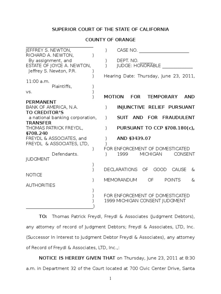 Motion For Temporary Restraining Order (Tro) For Creditor's Suit | PDF ...