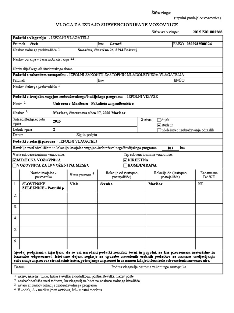 Vloga Za Subvencijo Prevoza | PDF