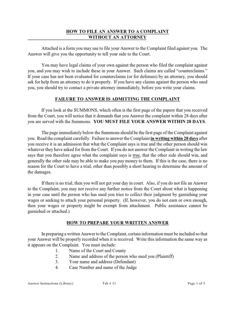 Answer To A Complaint | PDF | Lawsuit | Complaint
