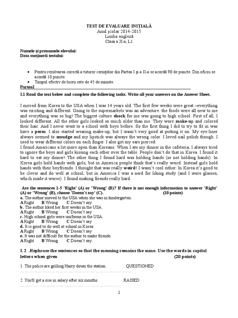 Test Evaluare Inițială Engleză Clasa 10 | PDF