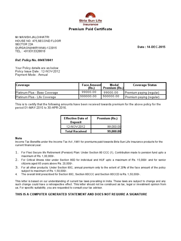 Premium Paid Certificate for Tax Benefits | PDF | Insurance | Payments