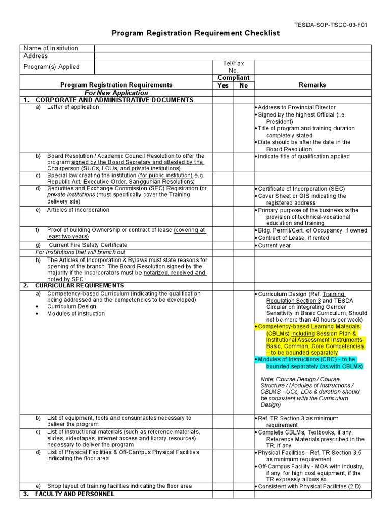 Program Registration Requirement Checklist TESDA SOP TSDO 03 F01 2015 ... Program Registration Requirement Checklist TESDA SOP TSDO 03 F01 2015 ...