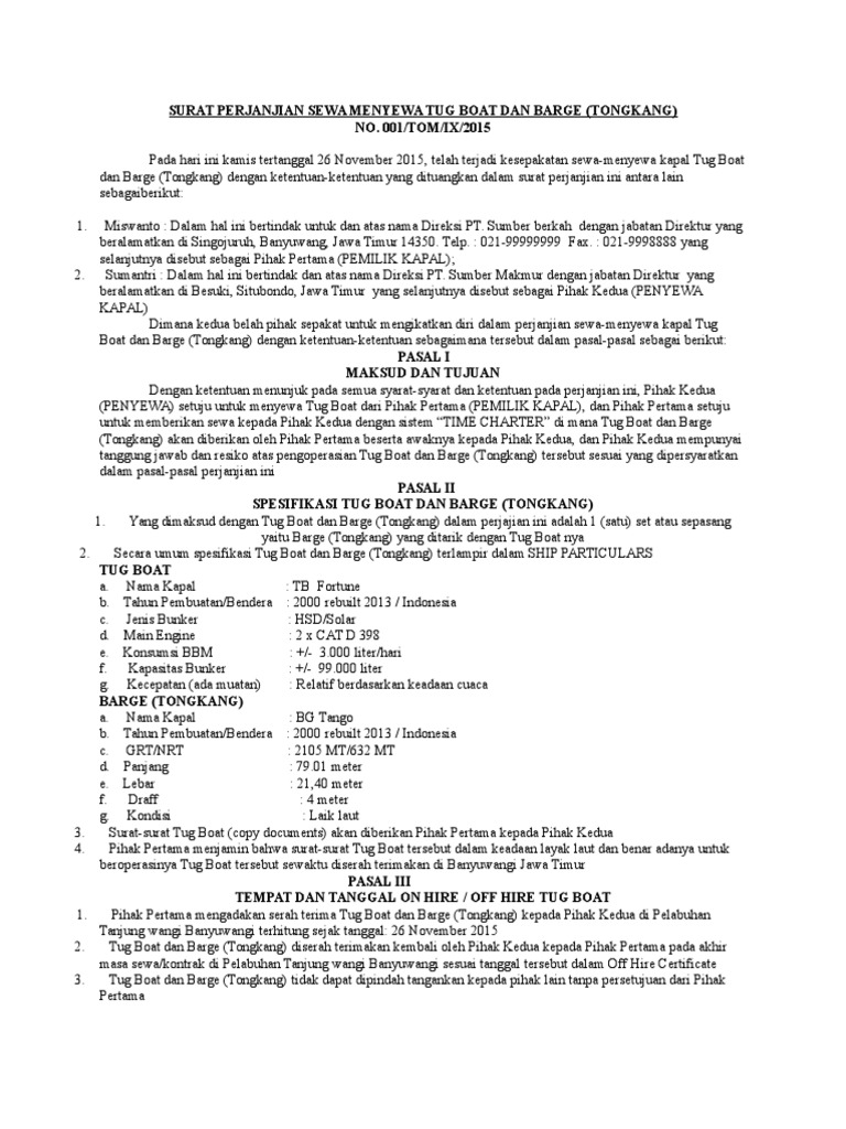 Surat Perjanjian Sewa Menyewa Tug Boat Dan Barge | PDF