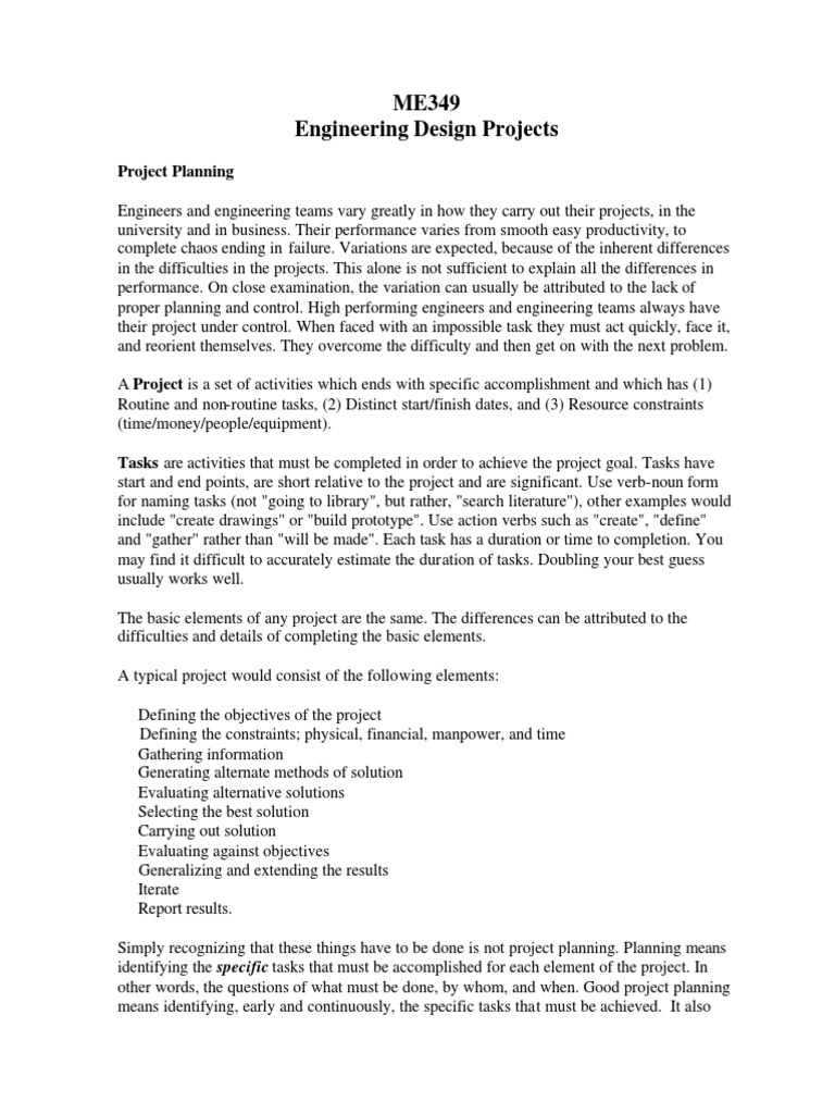 ME349 Engineering Design Projects: Project Planning | PDF | Project ...