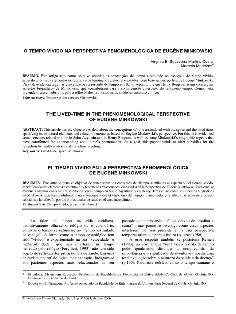 O TEMPO VIVIDO NA PERSPECTIVA FENOMENOLÓGICA DE EUGÈNE MINKOWSKI: AS ...