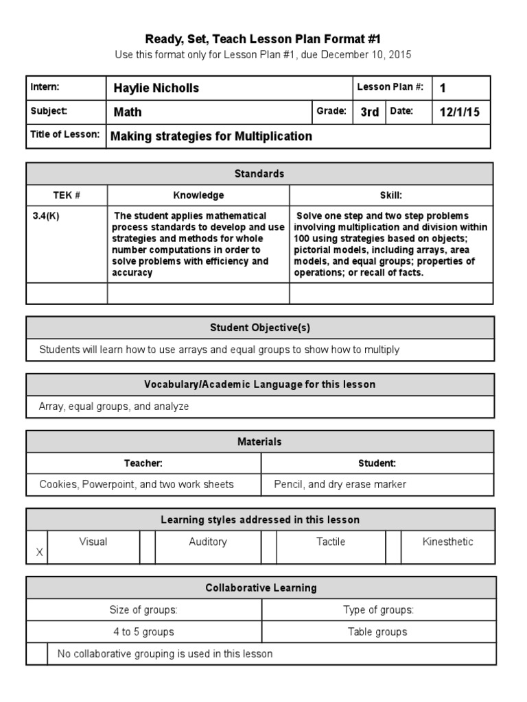 Ready, Set, Teach Lesson Plan Format #1: Standards | PDF | Reading ...