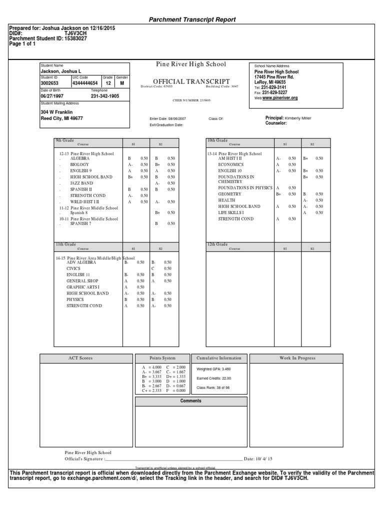 Pine River High School Official Transcript | PDF