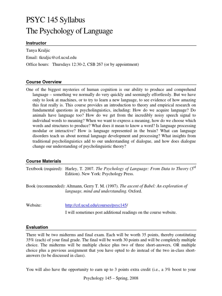 Psy145_Syllabus. Psychology of Language | Psycholinguistics | Language ...