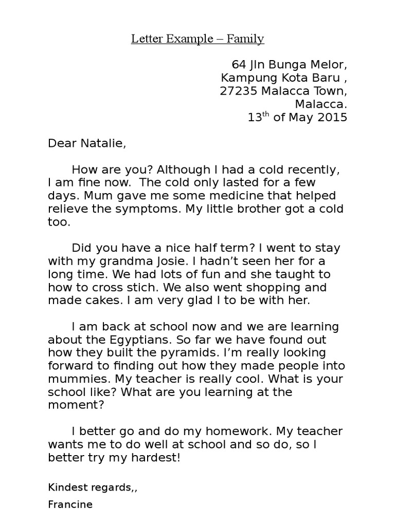 Letter Example - Family: Kindest Regards,, Francine | PDF | Wellness