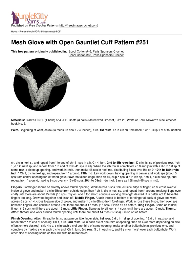 Mesh Glove With Open Gauntlet Cuff | PDF | Finger | Crochet
