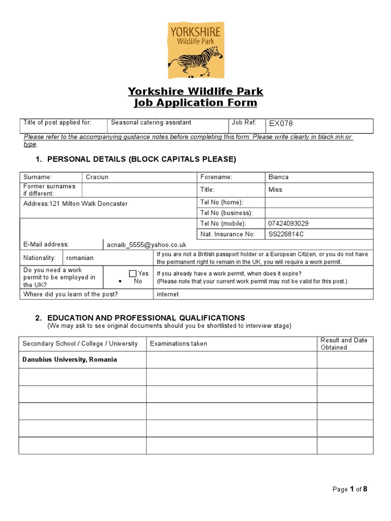 Yorkshire Wildlife Park Job Application Form: 1. Personal Details ...