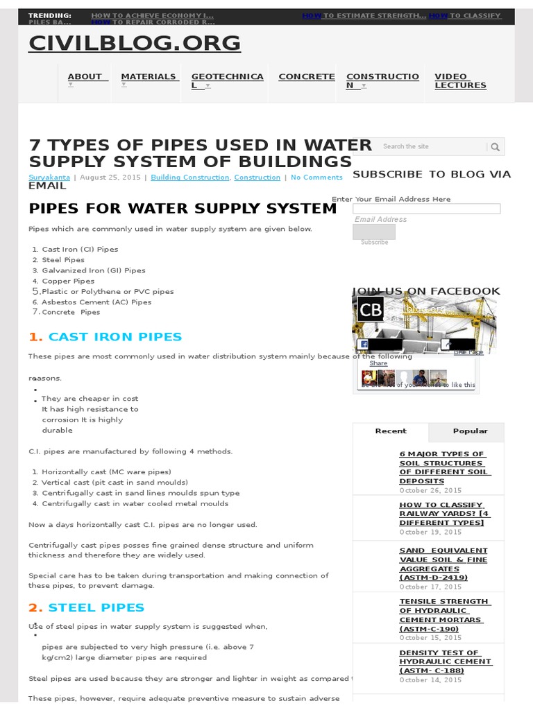 7 Types of Pipes Used in Water Supply System of Buildings | PDF ...