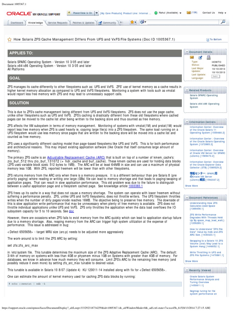 How Solaris ZFS Cache Management Differs From UFS and VXFS File Systems (Doc ID 1005367.1) | PDF ...
