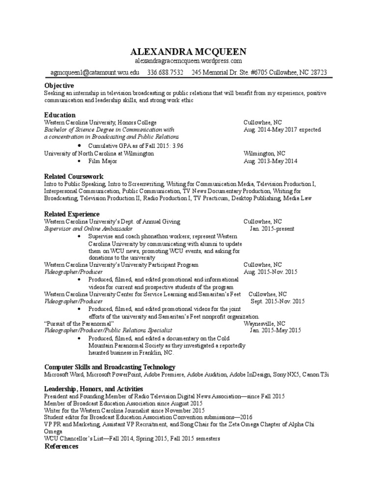 Alexandra McQueen Employment Resume | PDF | Public Relations ...