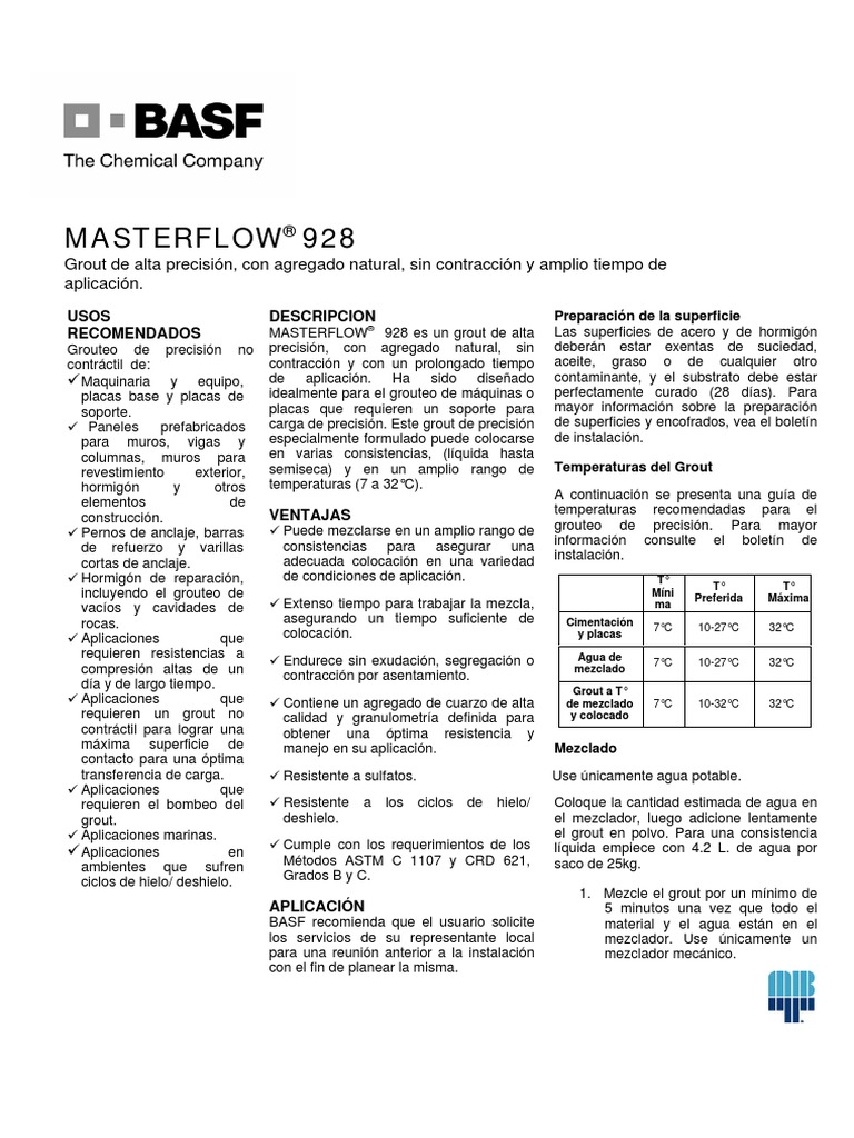Grout de Alta Precisión MASTERFLOW® 928 | PDF | Hormigón | Acero