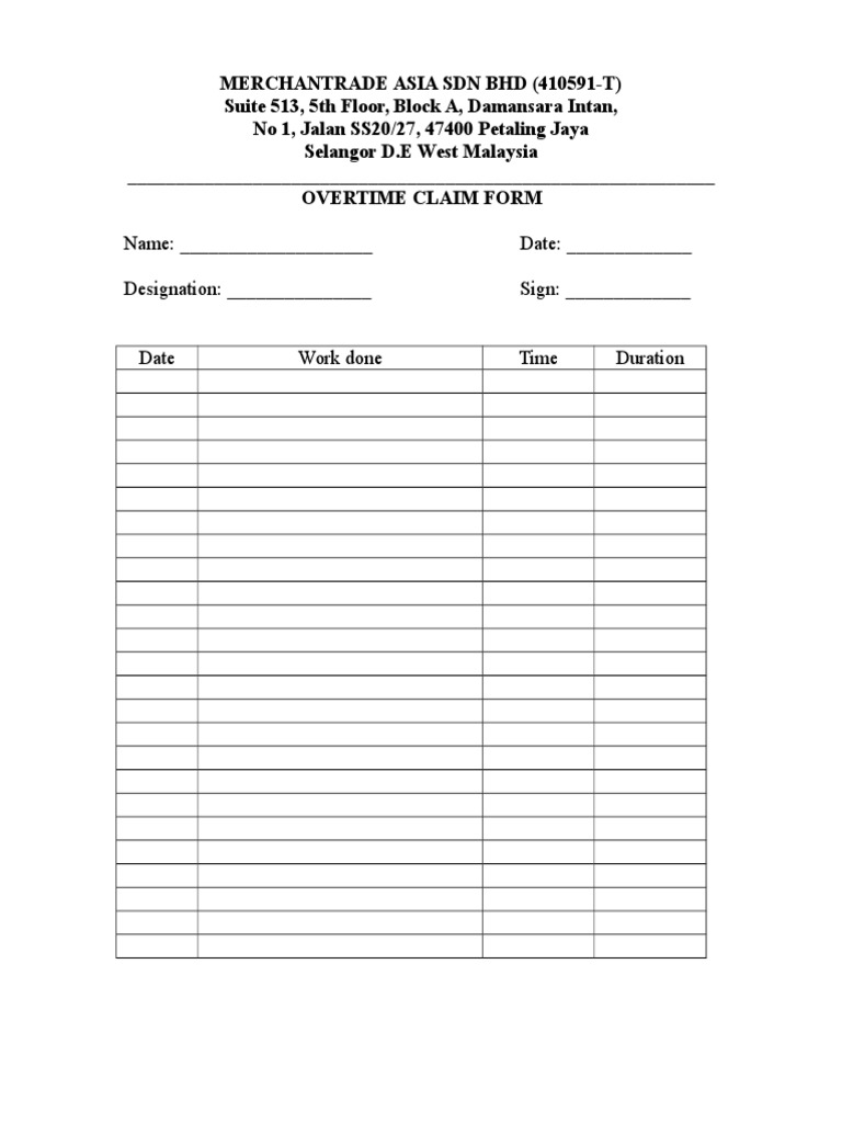 Overtime Claim Form Template | PDF | Finance & Money Management