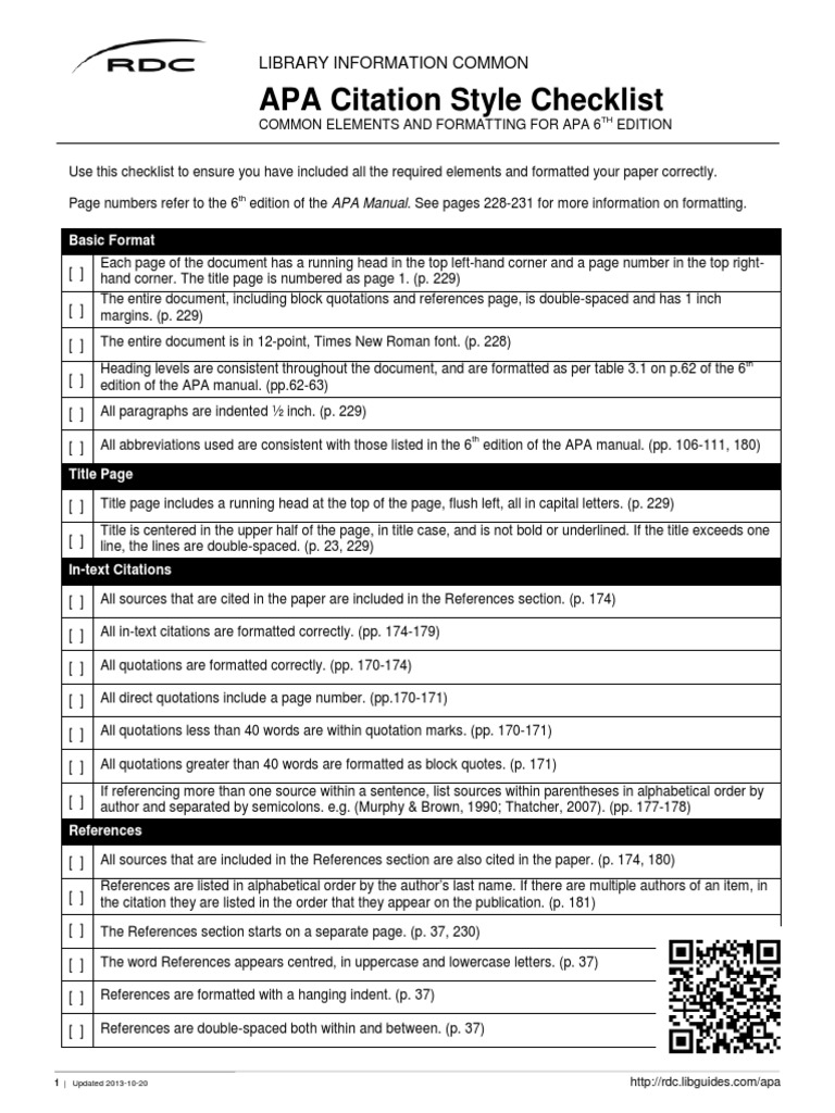 APA 6th Edition Citation Checklist | PDF