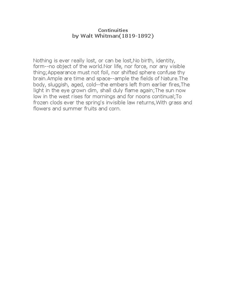 Whitman's "Continuities" Poem Analysis | PDF