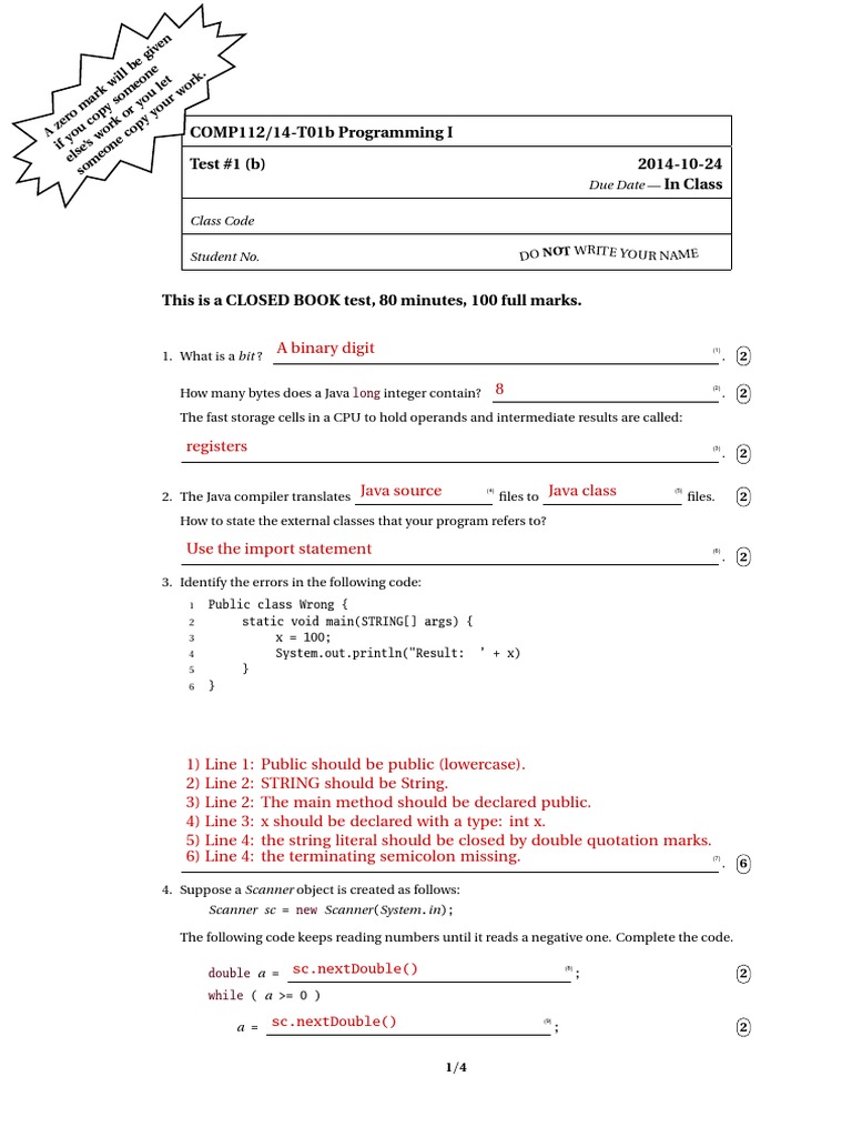 COMP112 /14-T01b Programming I Test #1 (B) 2014-10-24 in Class | PDF ...
