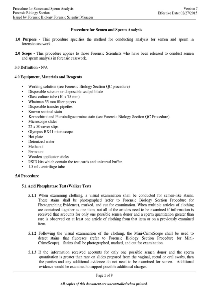 Forensic Semen and Sperm Analysis Procedure | PDF | Semen | Forensic ...