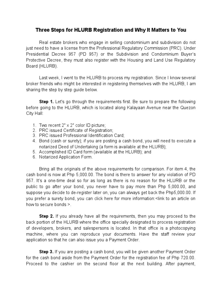 Three Steps To HLURB Registration | PDF | Real Estate Broker | Government