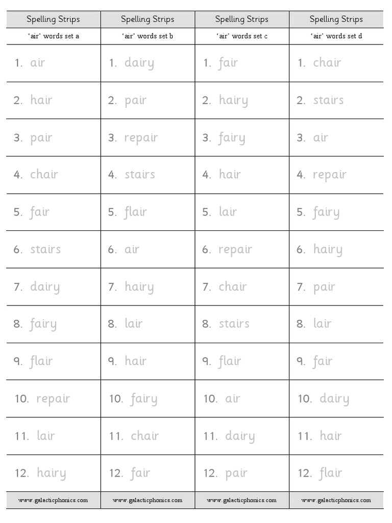 Air Words Spelling Strips | PDF