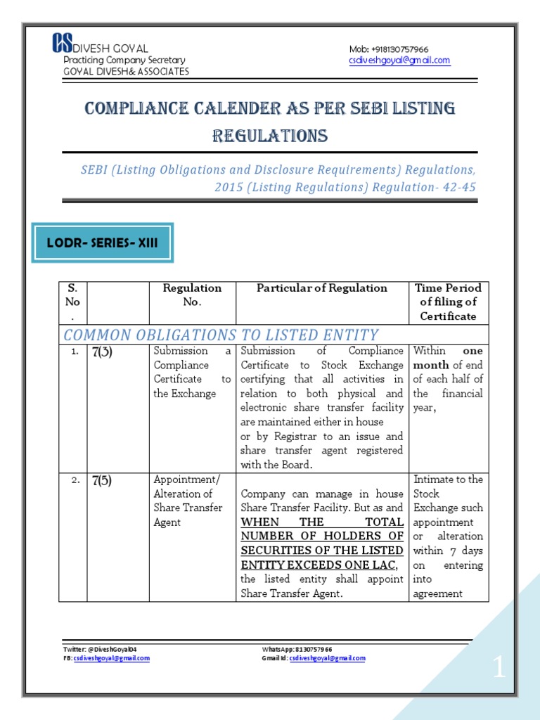 SEBI (LODR) - Compliance Calender | PDF | Securities (Finance) | Stocks