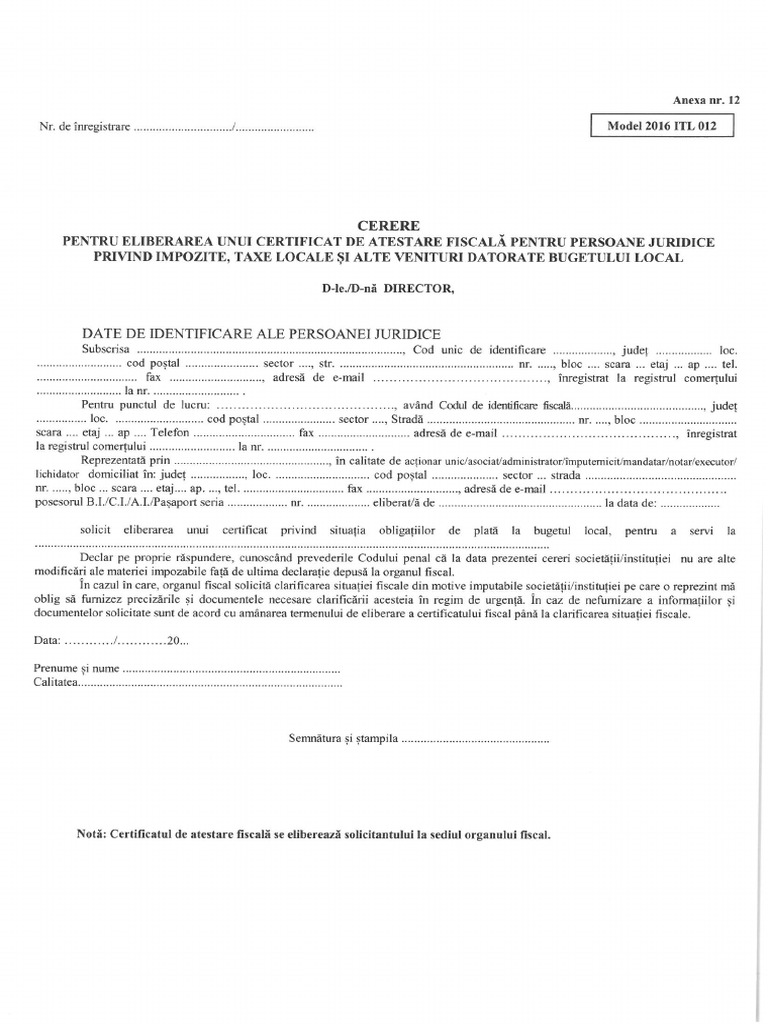 Cerere Eliberare Certificat Fiscal Persoane Juridice | PDF