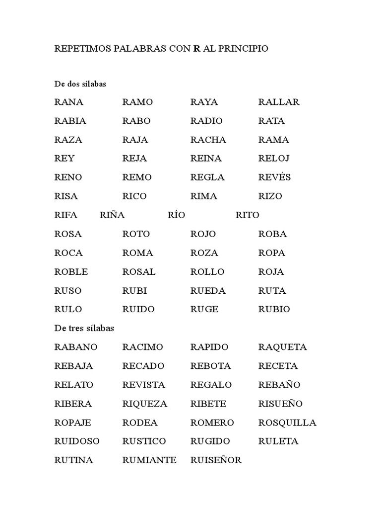 Palabras Con R Inicial | PDF
