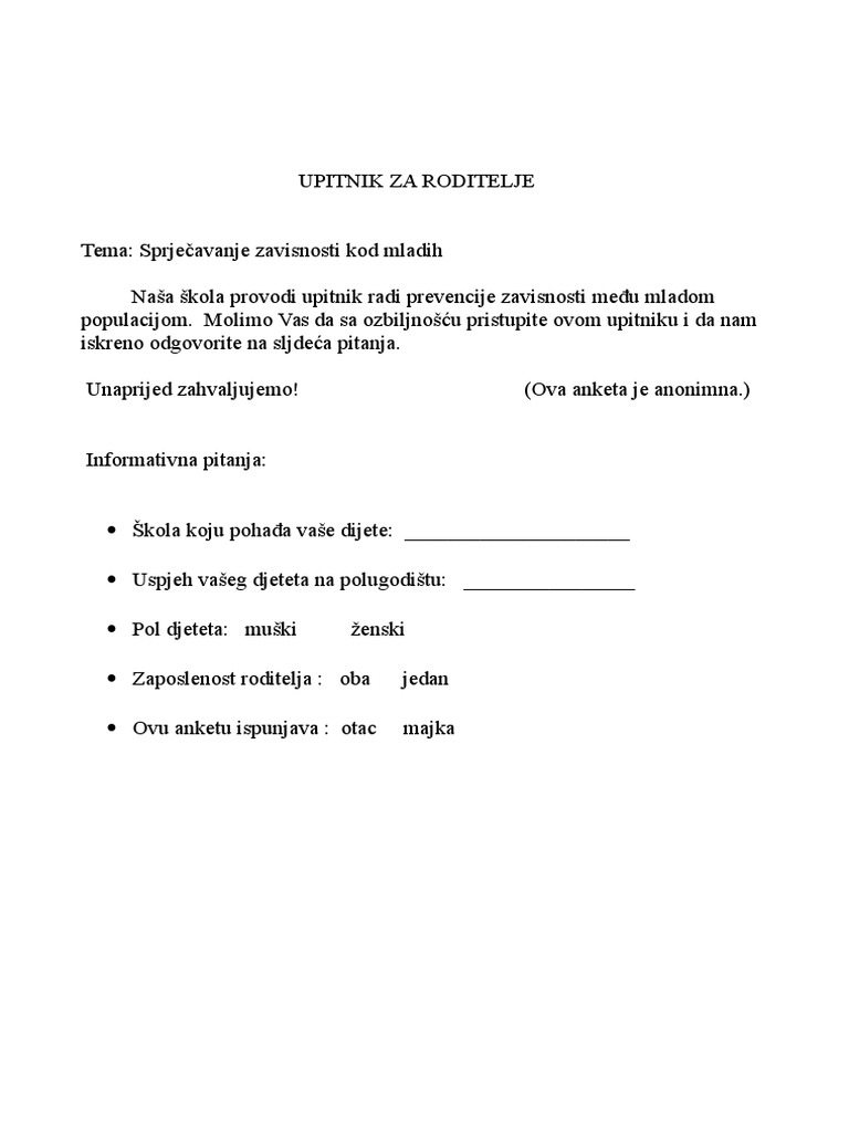 Anketa Za Roditelje | PDF