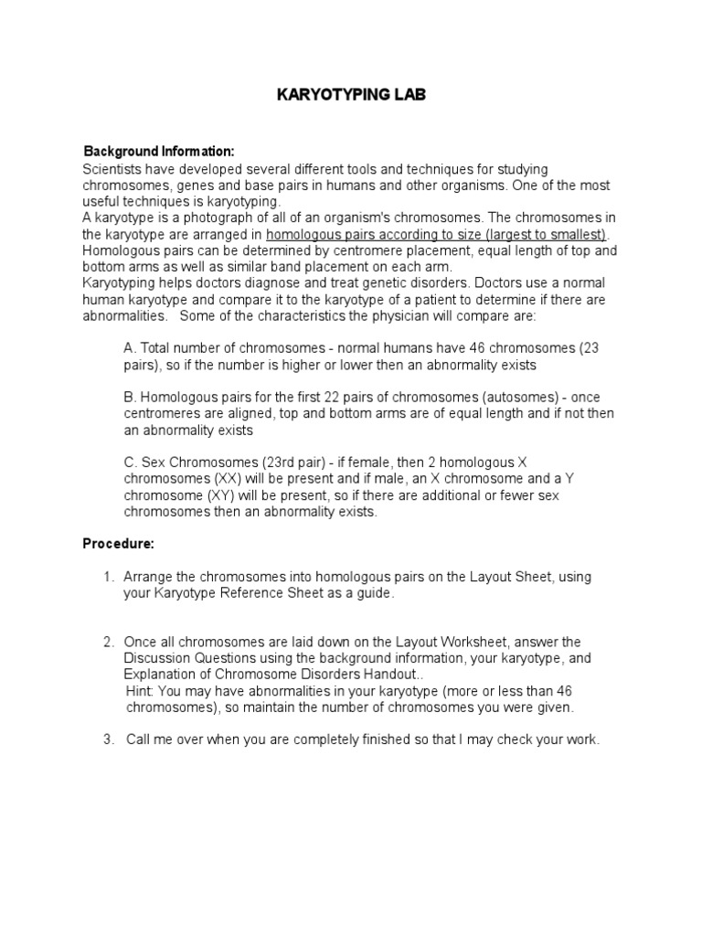 Karyotyping Lab Chromosome Analysis | PDF | Karyotype | Chromosome