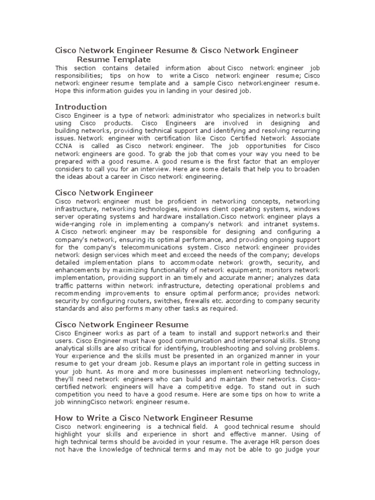 Cisco Network Engineer Resume | Résumé | Cisco Systems