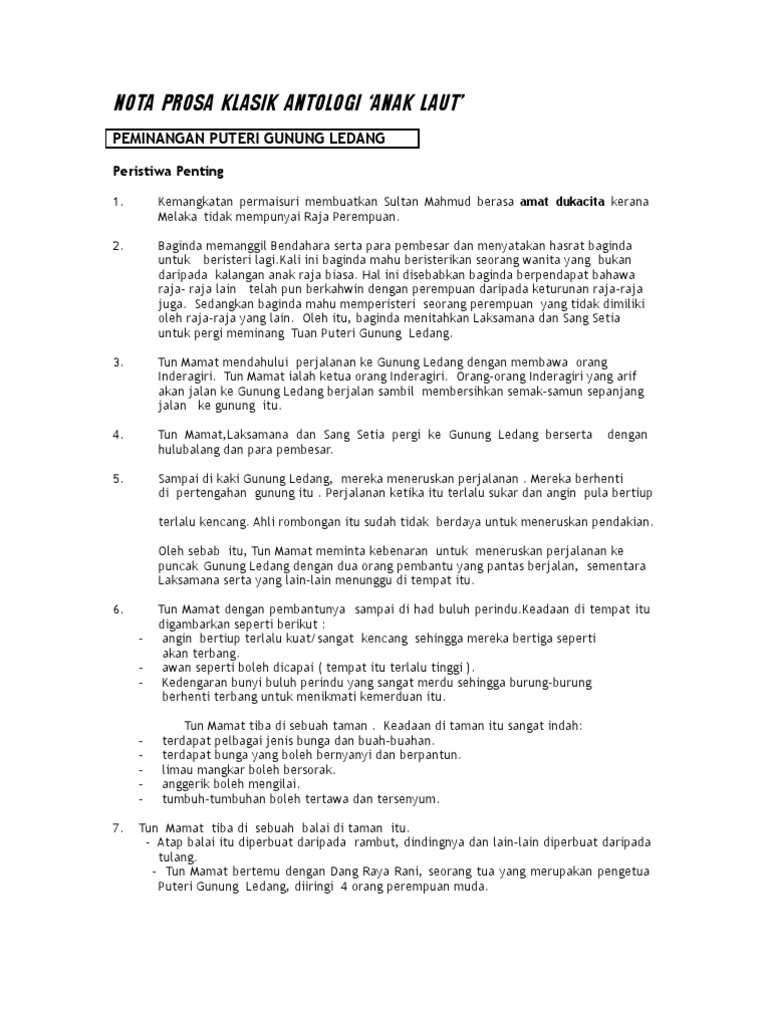 Prosa Klasik Tingkatan 4 - Peminangan Puteri Gunung Ledang | PDF