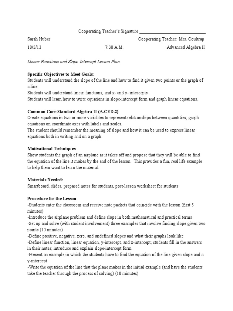 Linear Functions & Slope Lesson Plan | PDF | Linearity | Equations