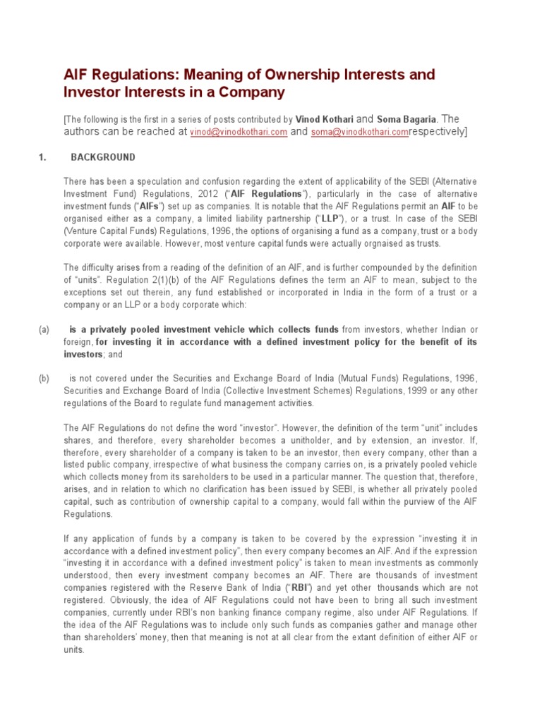 AIF Regulations: Ownership vs. Investor Interests | PDF | Investment ...