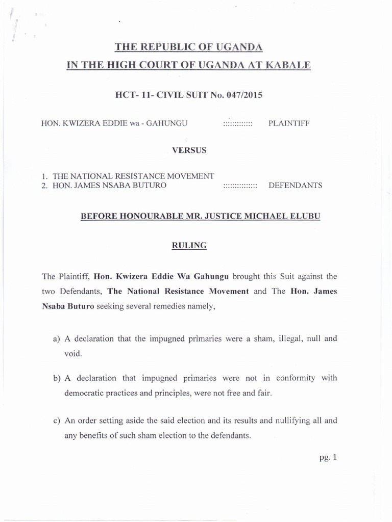 Ruling Kwizera Eddie Vs National Resistance Organisation & Nsaba Buturo ...