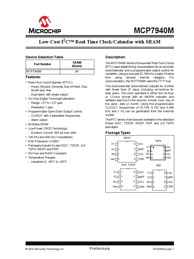 Microchip MCP7940M Low Cost I2C Real Time Clock Calendar With SRAM | PDF | Electronics | Digital ...