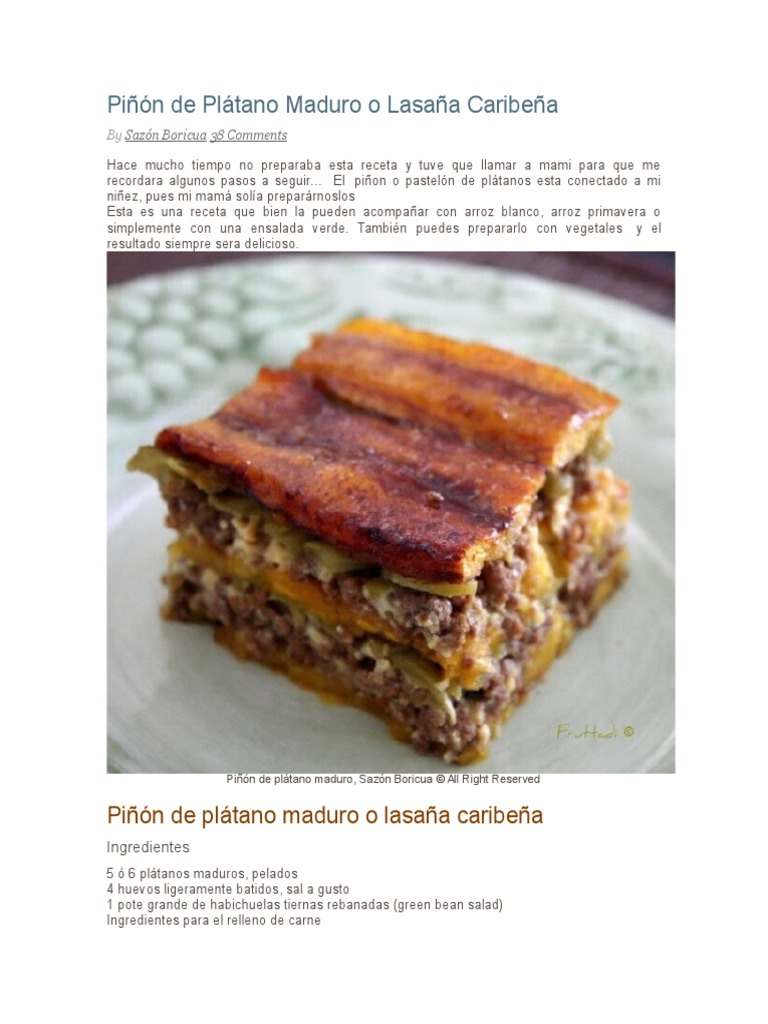 Piñón de Plátano Maduro o Lasaña Caribeña | PDF | Postres | Preparación ...