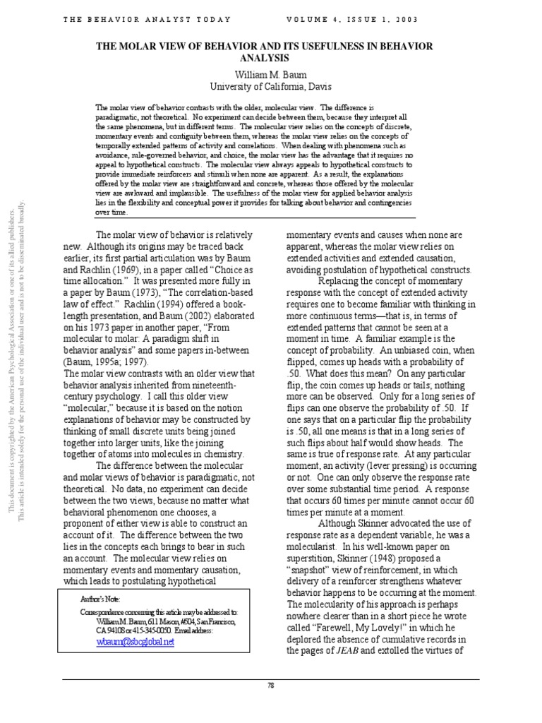 Baum (2003) The Molar View of Behavior and Its Usefulness in Behavior ...