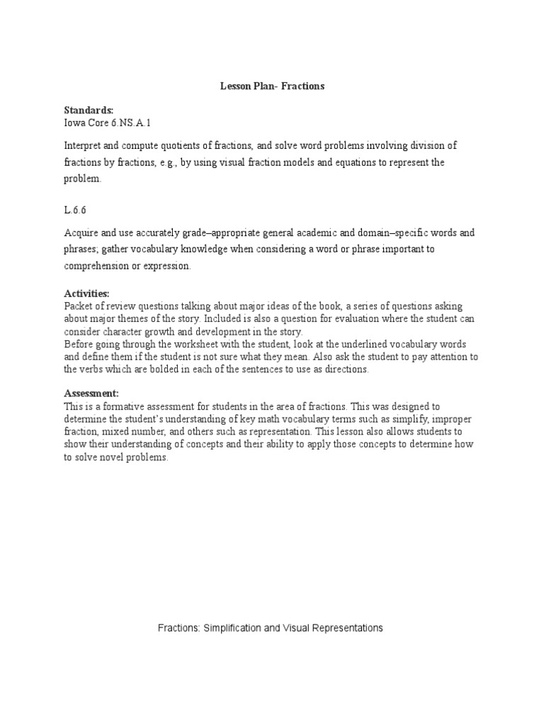 Lesson Plan-Fractions Standards:: Fractions: Simplification and Visual ...