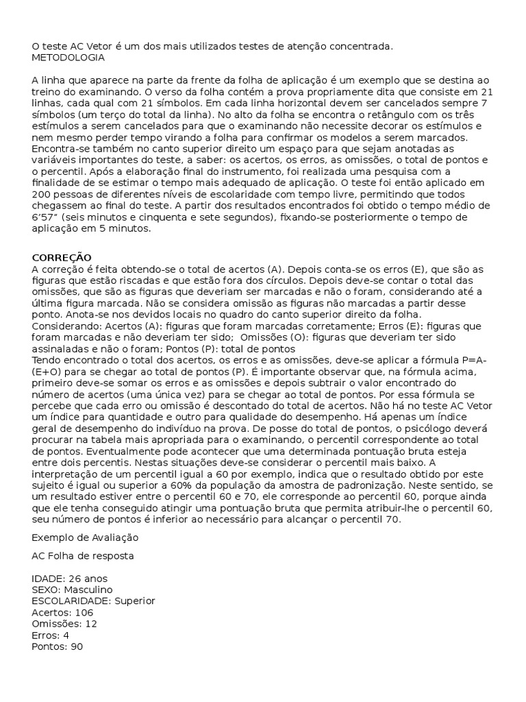 O Teste AC Vetor É Um Dos Mais Utilizados Testes de Atenção Concentrada ...
