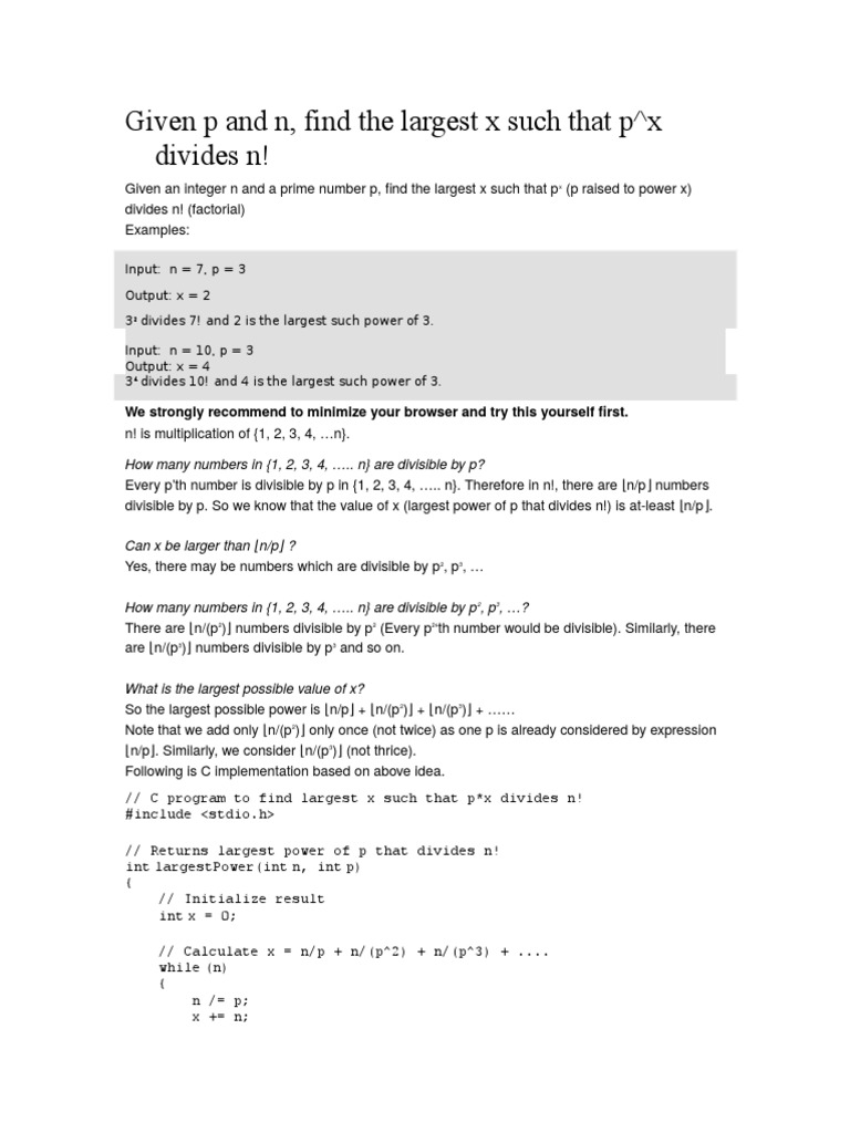 Given P and N, Find The Largest X Such That P X Divides N! | PDF | Integer (Computer Science ...
