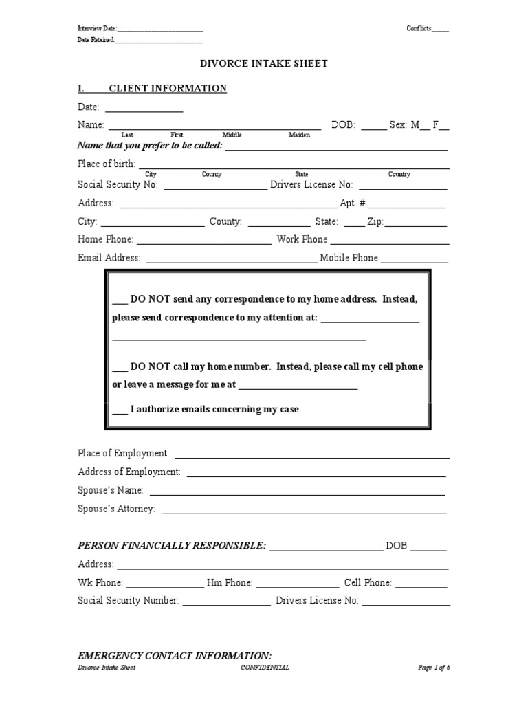 Divorce Intake Sheet | PDF | Divorce | Substance Abuse