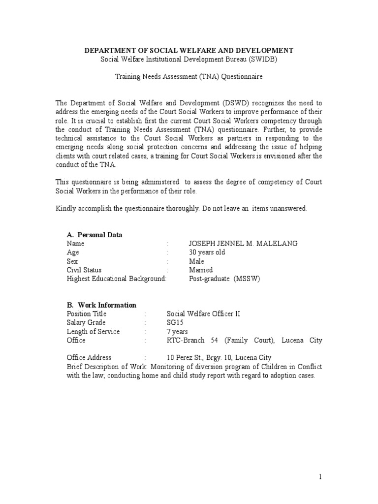 TNA Questionnaire | Needs Assessment | Social Work