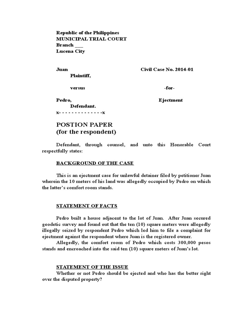 Legal Position on Ejectment Case | PDF | Eviction | Complaint