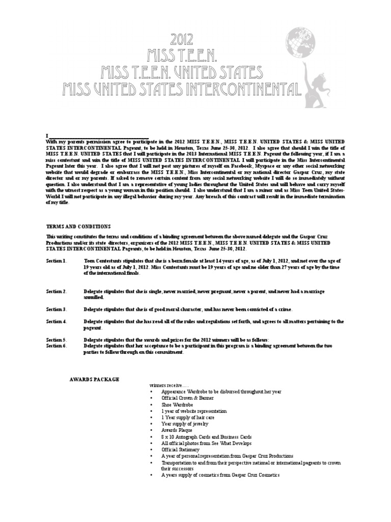 2012 Contestant Contract - Miss United States Intercontinental | PDF ...