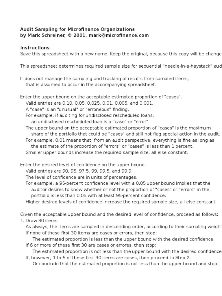 Audit Sampling For Microfinance Organizations Instructions | PDF | Sample Size Determination ...