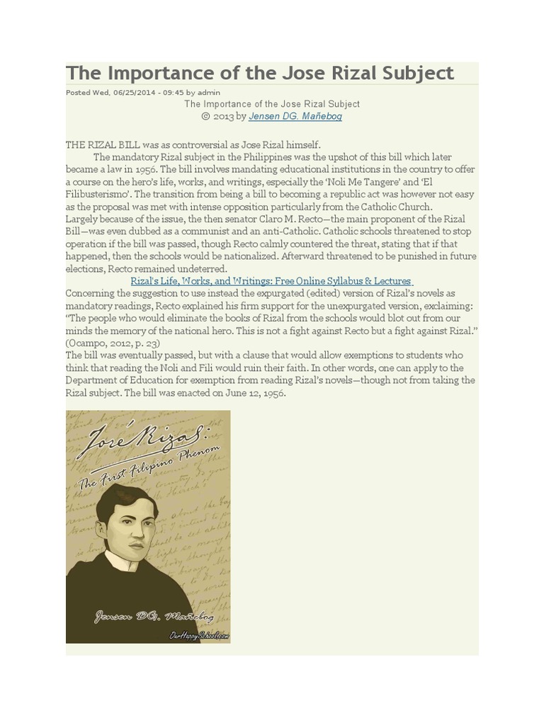 The Importance of The Jose Rizal Subject: Jensen DG. Mañebog | PDF ...