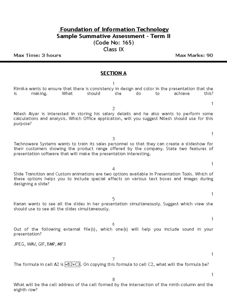 Class 9 FIT Sample Paper - Marking Scheme | PDF | Spreadsheet ...