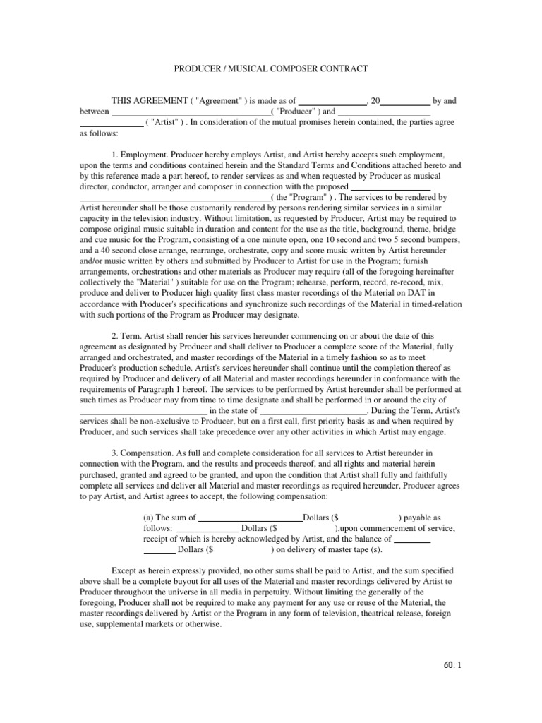Producer/Composer Contract Guide | PDF | Indemnity | Assignment (Law)